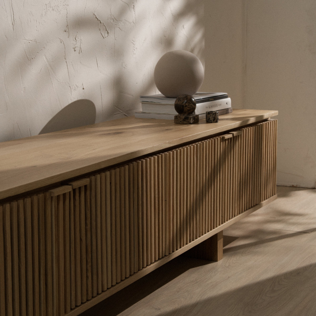 Palea Slatted TV Stand, Oak, Scandinavian Style | Vaunt Design